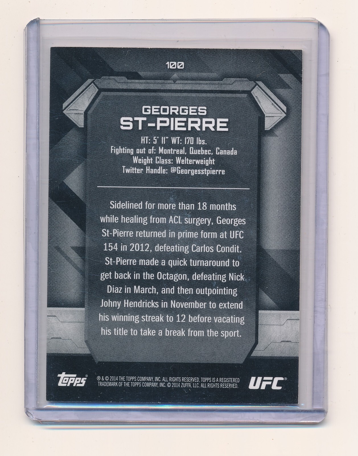 2014 Topps UFC Knockout - Georges St-Pierre #100 Gold /219 for sale ...