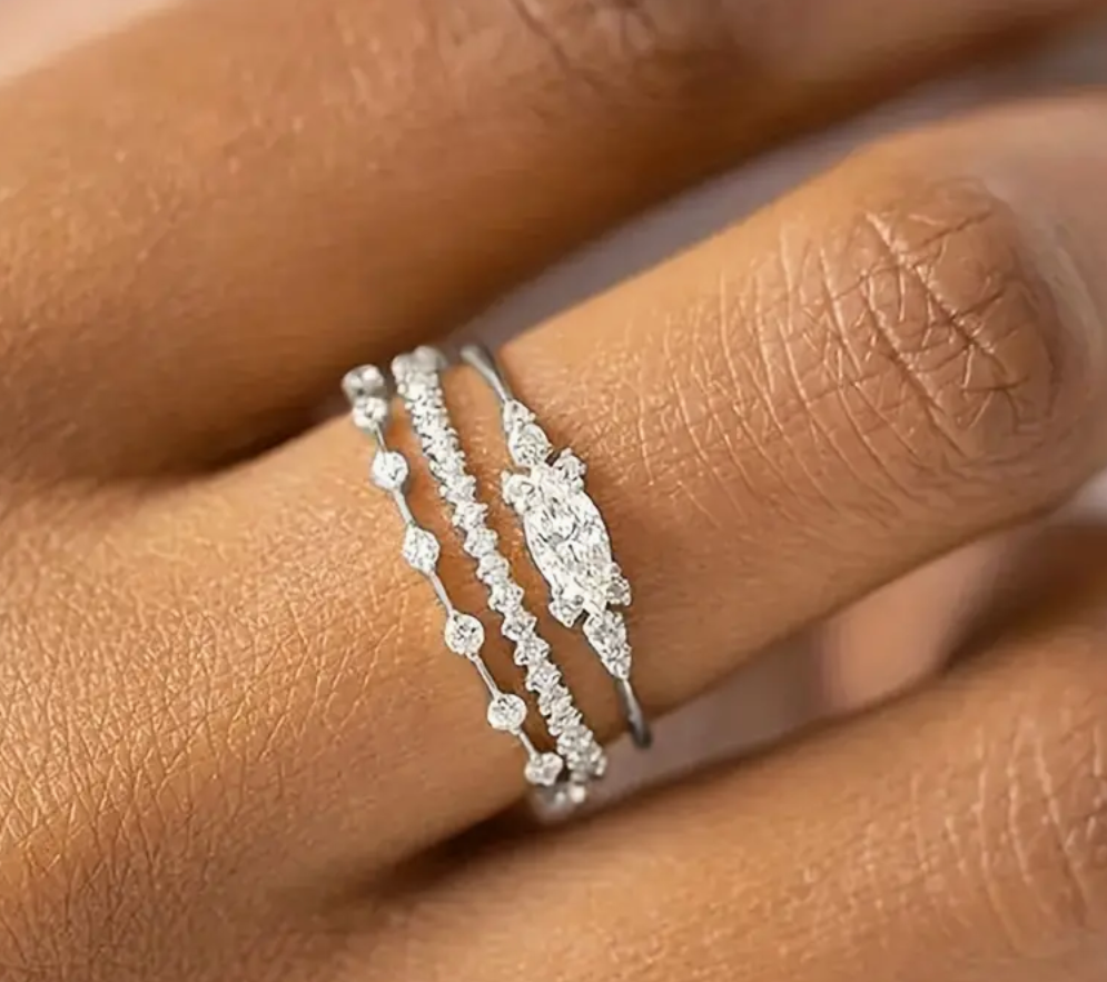 3 pc set 925 Sterling Silver Gold Plated Stacking Rings Paved Zirconia Thin Band | eBay