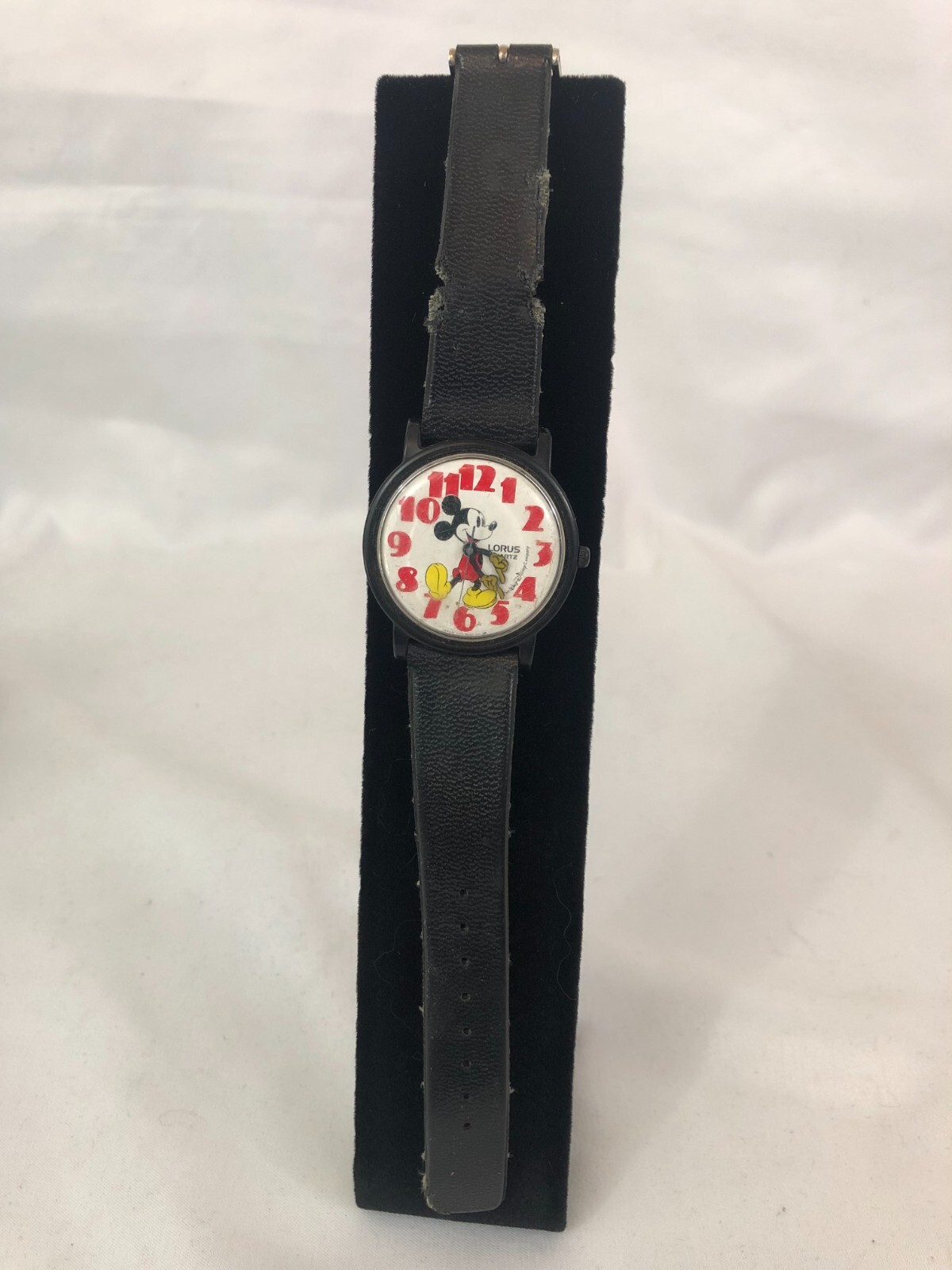 Vintage Mickey Mouse Quartz Watch w/ Black Leather Strap SHIOJIRI LTD ...