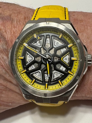 Stuhrling Mens automatic watch black and yellow face genuine leather | eBay