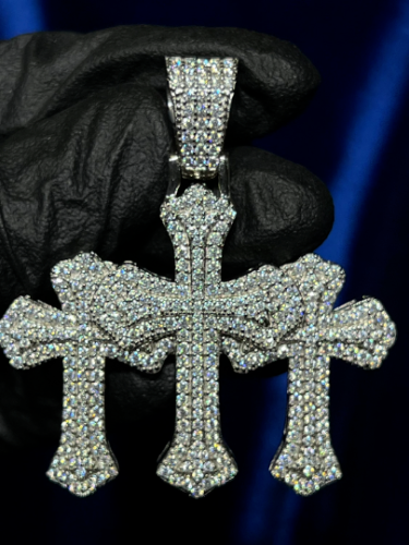 925 Sterling Silver triple Cross 4.09CTW VVS Moissanite Pendant with ...
