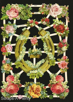 German Embossed Vintage Style Scrap Die Cut - Horseshoe Lucky Roses ...