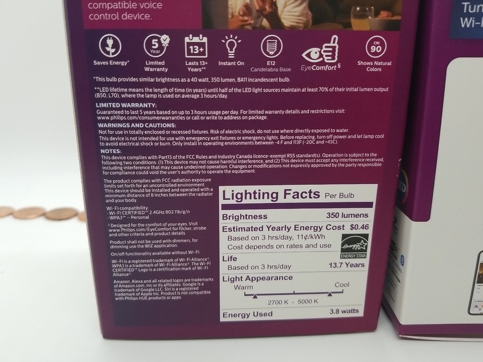 4x Philips 40w Replacement 3.8W BA11 Tunable White Smart WiFi LED Bulb ...