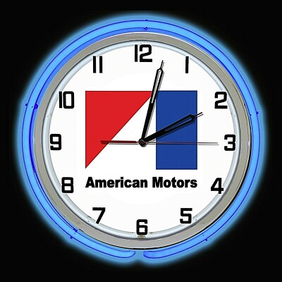 19" American Motors Sign Double Neon Clock Chrome Blue Neon AMC Man ...