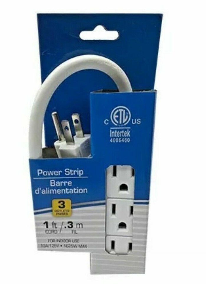 3 Prong 3 Outlet Power Strip 1ft Extension Cord Heavy Duty Multi ...