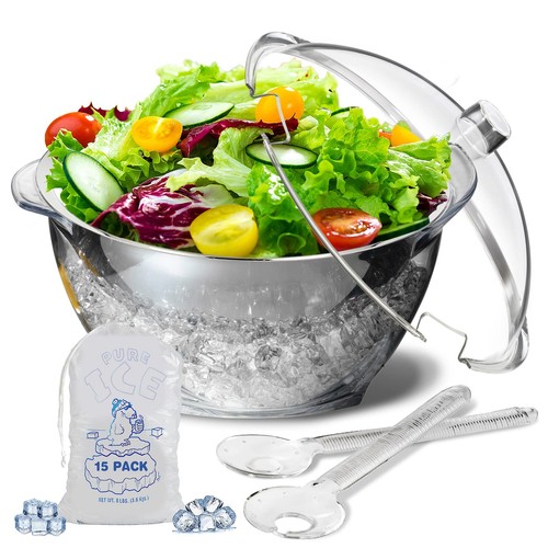 Iced Salad Bowl, 4.5 Qt Large Chilled Serving Bowl with Lid for Parties ...
