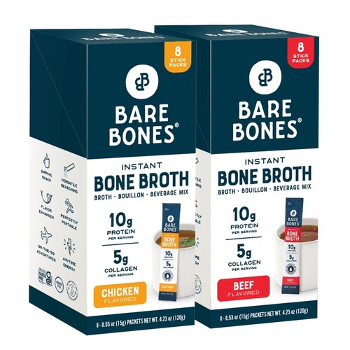 Bare Bones Bone Broth Instant Powdered Mix, Variety Pack, 8 Chicken and ...