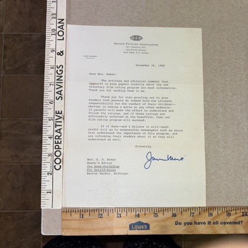 Jack Valenti Signed Letter Motion Picture Association Benton Harbor ...