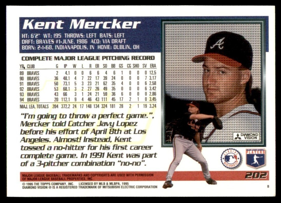 1995 Topps Baseball #202 Kent Mercker | eBay