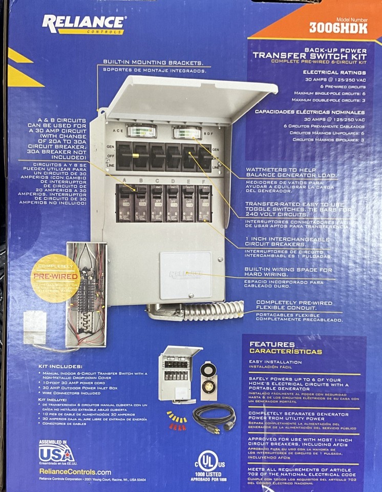 Reliance Controls Backup Power Transfer Switch Kit 3006HDK - NEW ...