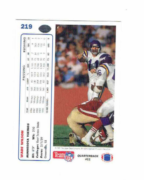 Wade Wilson Minnesota Vikings #11 Quarterback #219 Upper Deck 1991 ...