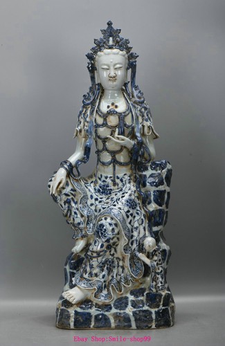 20" Dynasty Blue White Porcelain Kwan-yin Guan Yin Boddhisattva Goddess ...