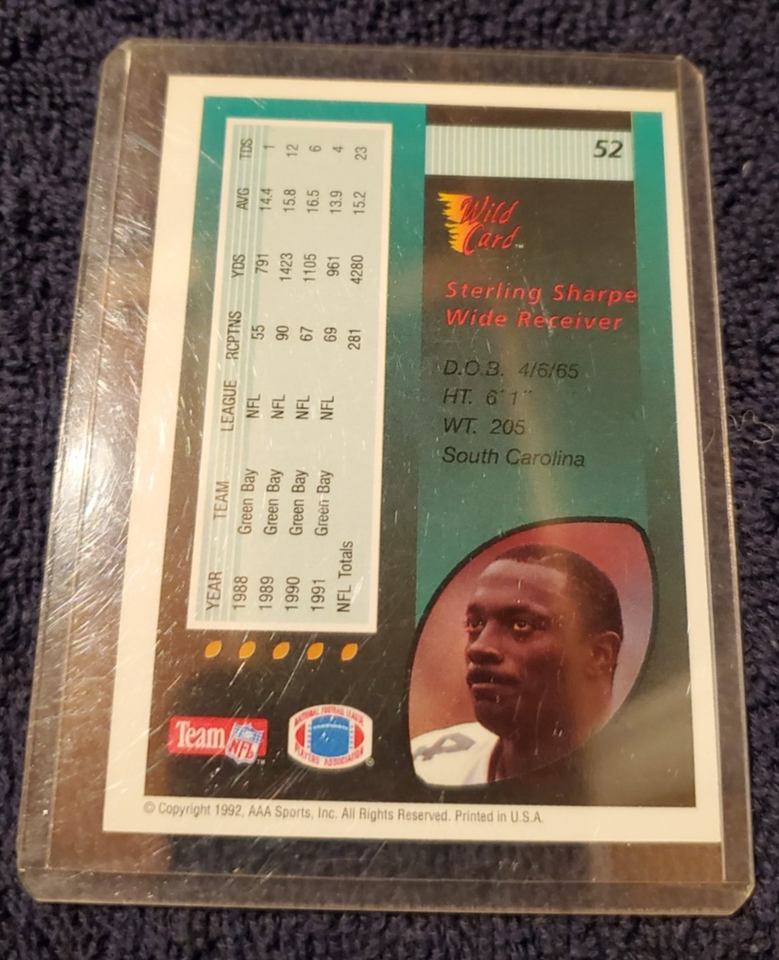 GREEN BAY PACKERS: STERLING SHARPE 1992 Wild Card #52 - Autograph ...