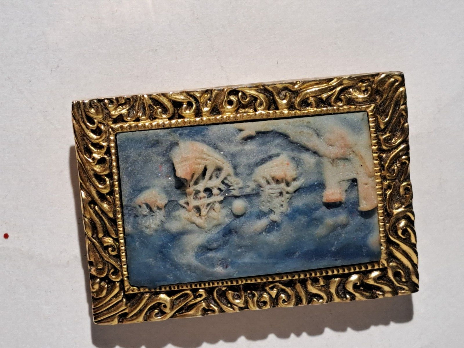 VINTAGE INCOLAY STONE NAUTICAL SHIPS BELT BUCKLE - Gem