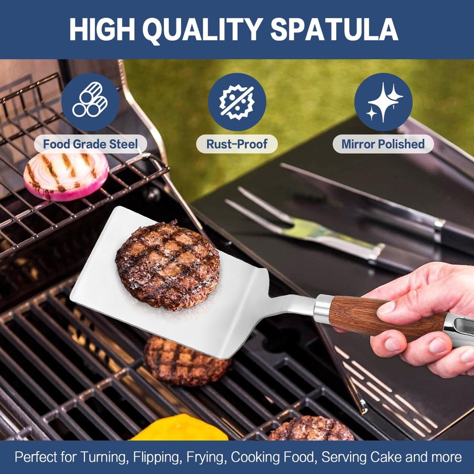 STAINLESS STEEL SPATULA TURNER Heavy-Duty Metal Griddle Flipper Wood ...