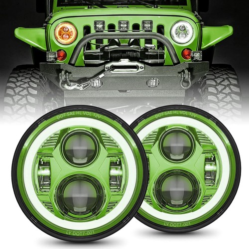 Pro 2PC Green 7" Round LED Headlight HI/Lo DRL Turn for Jeep Wrangler ...