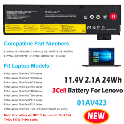 LOT 61 Battery 01AV427 01AV423 for Lenovo Thinkpad T470 T480 T570 T580 ...