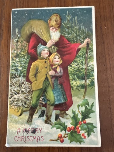 Postcard BW 296 Christmas Red Santa Fur Hat Cane Toy Sack Children ...