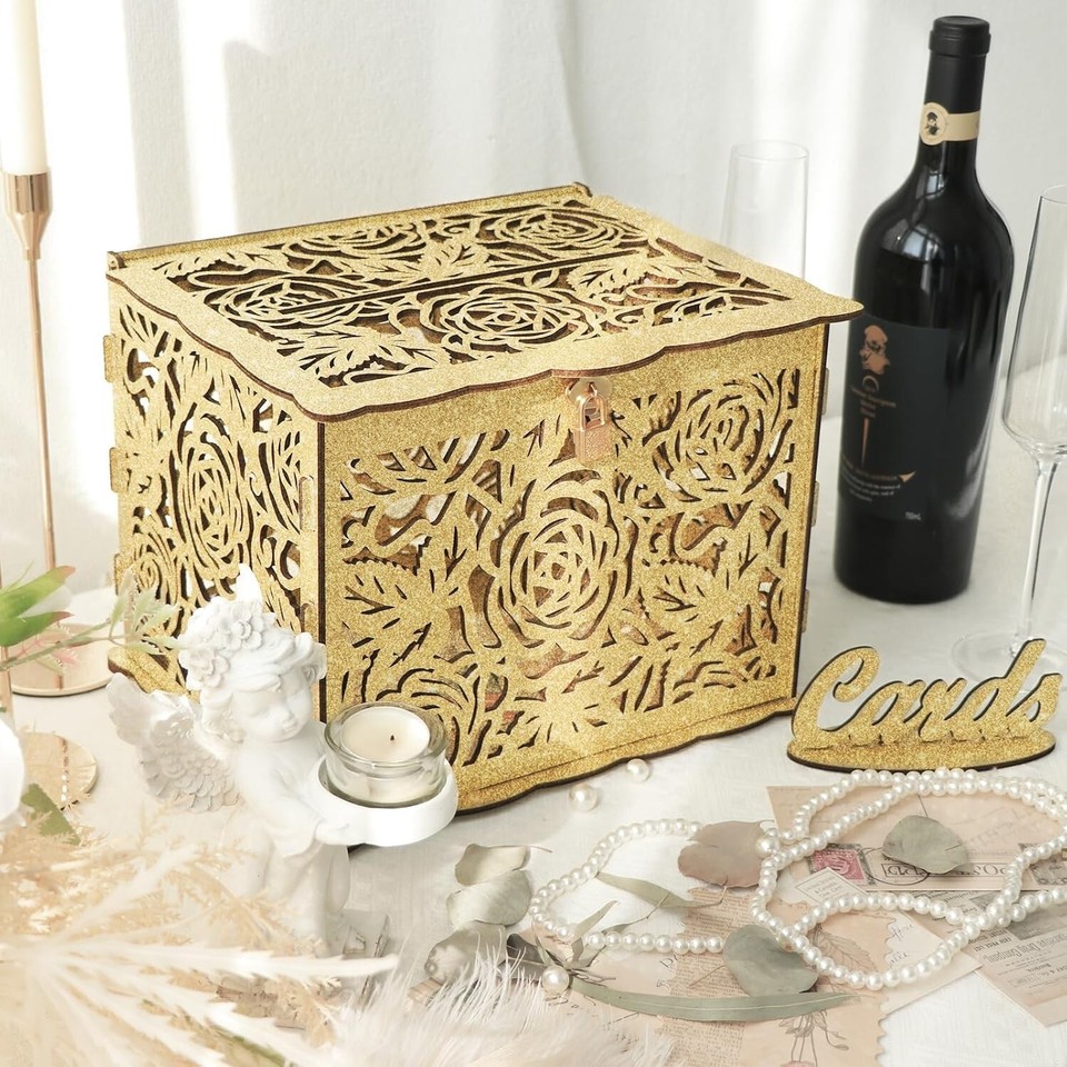 Glittery Gold Wedding Card Box with Lock Wooden Gift Card Box for ...