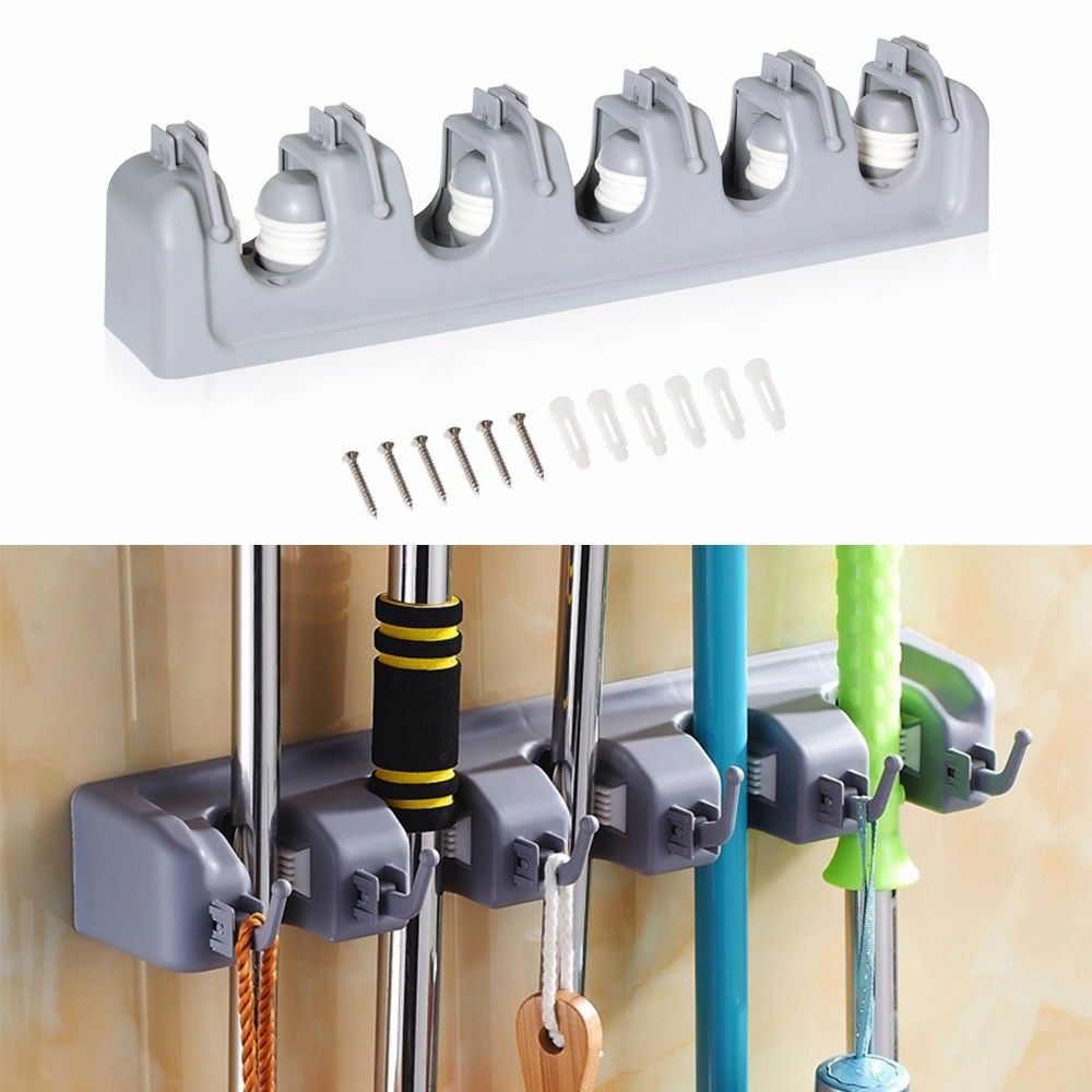 Broom Holder and Garden Tool Garage Organizer 5 Slots 6 Hooks for Rake ...