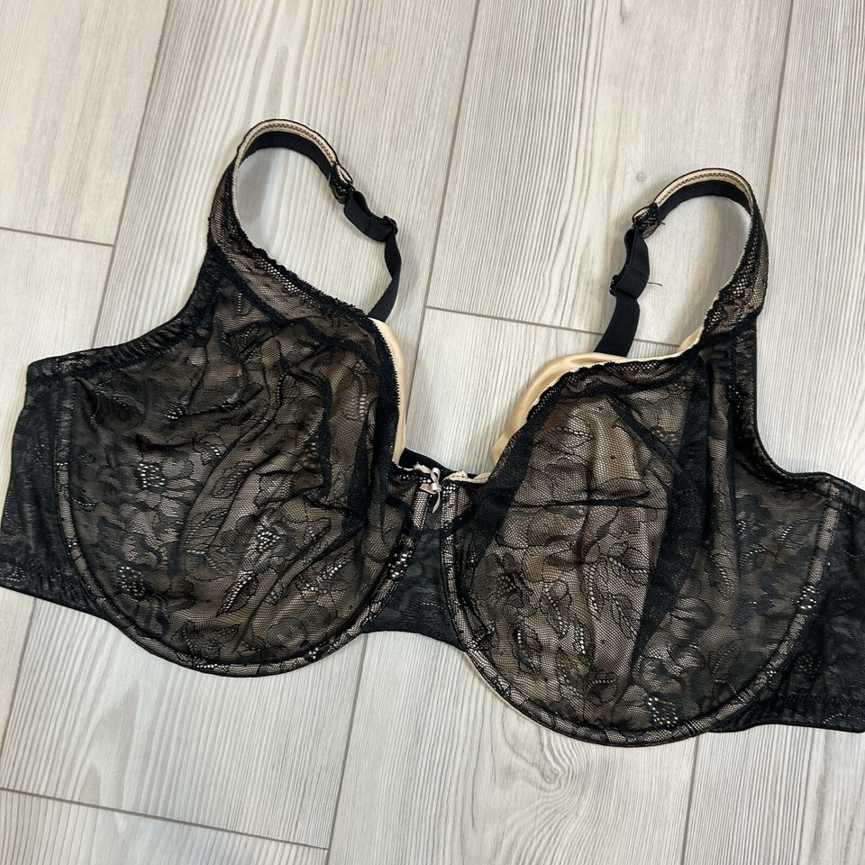 Cacique 50DD Bra Black Unlined Full Coverage Underwire Floral Lace Back ...