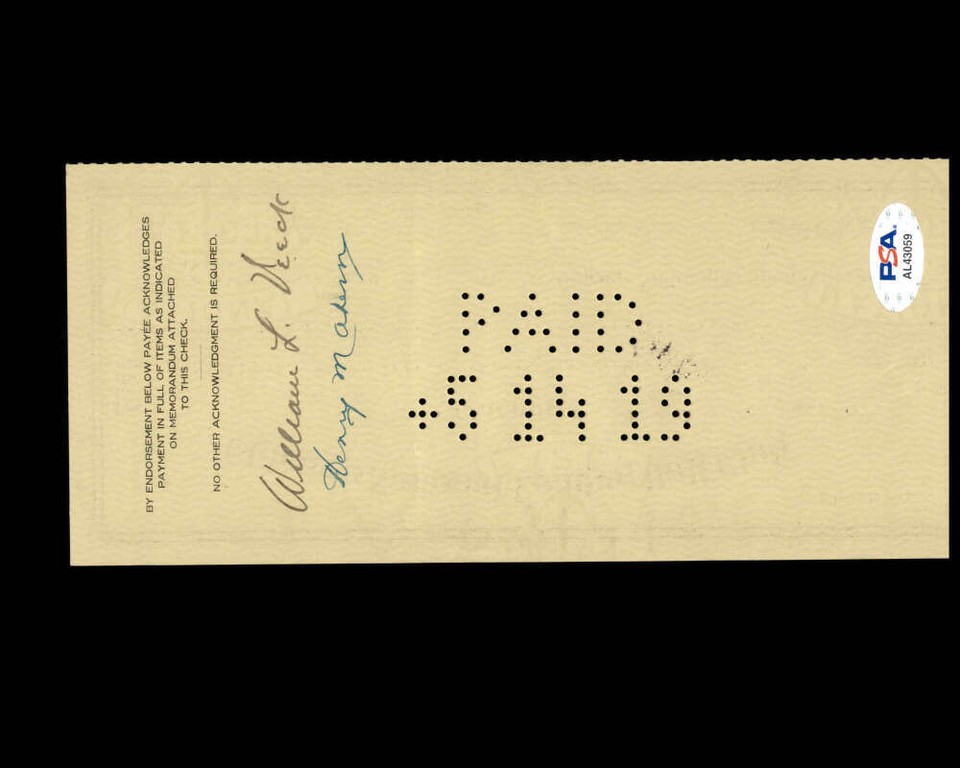William Veeck PSA DNA Signed x2 Chicago Cubs Check 5-15-1919 Autograph ...