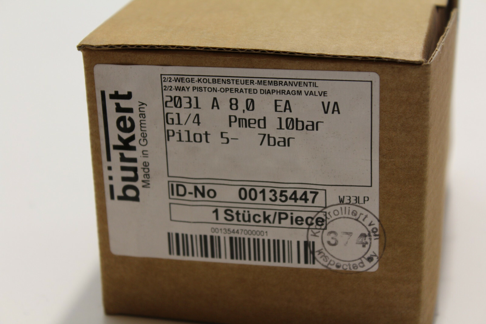Burkert 2031 A8,0 EA VA Pneumatic Valve NEW | eBay