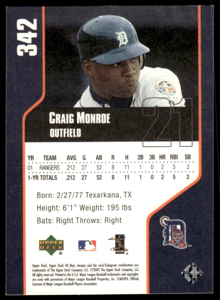 2002 Upper Deck 40-Man Craig Monroe Detroit Tigers #342 SEE PIC/DESC ...