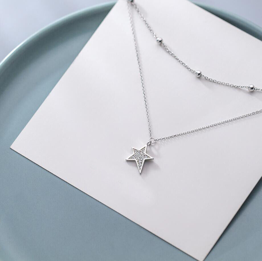 925 Sterling Silver Star Starfish 2 Layers Choker Short Necklace A2866 ...