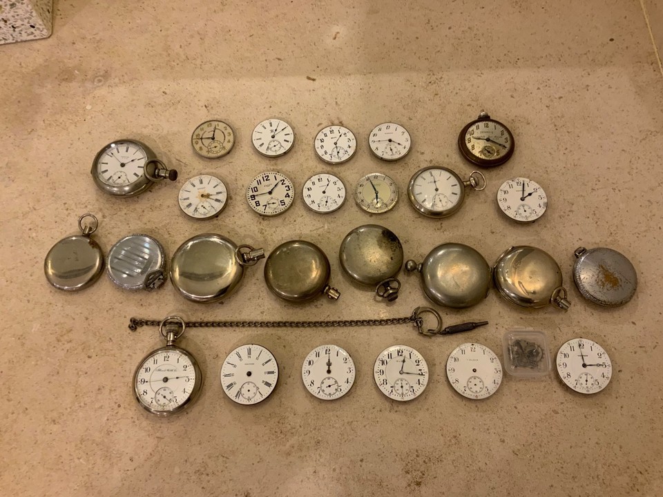Antique lot of 18 Pocket Watches & Movements Cases 7j-21j ,12s 16s 18s ...
