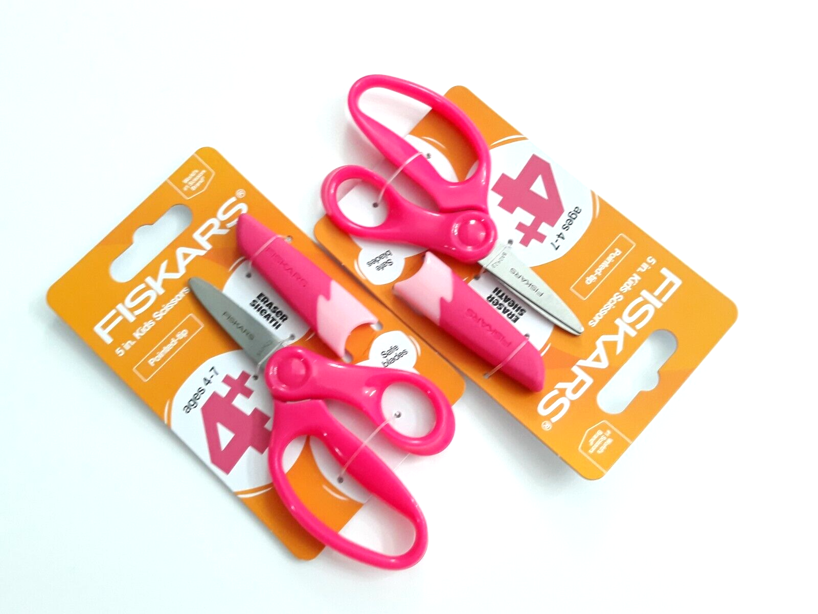 SET OF 2 EACH PINK SCISSORS FISKARS KIDS AGES 4-7 ERASER SHEATH POINTED ...