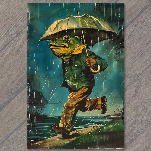 POSTCARD Fish Man Human Rain Umbrella Weird Strange Funny Ironic Out Of ...