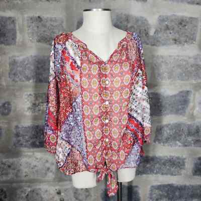 FIG & FLOWER sz L red sheer bohemian tie front blouse | eBay