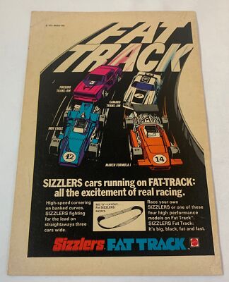 1971 Hot Wheels ad ~ SIZZLERS FAT TRACK ~ Firebird Trans-Am,Indy Eagle ...