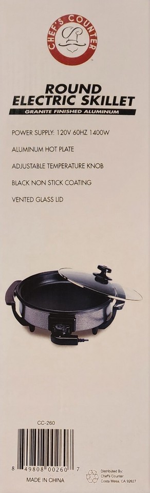 Chef's Counter Round Electric Skillet 12" Vented Glass Lid Aluminum Hot ...