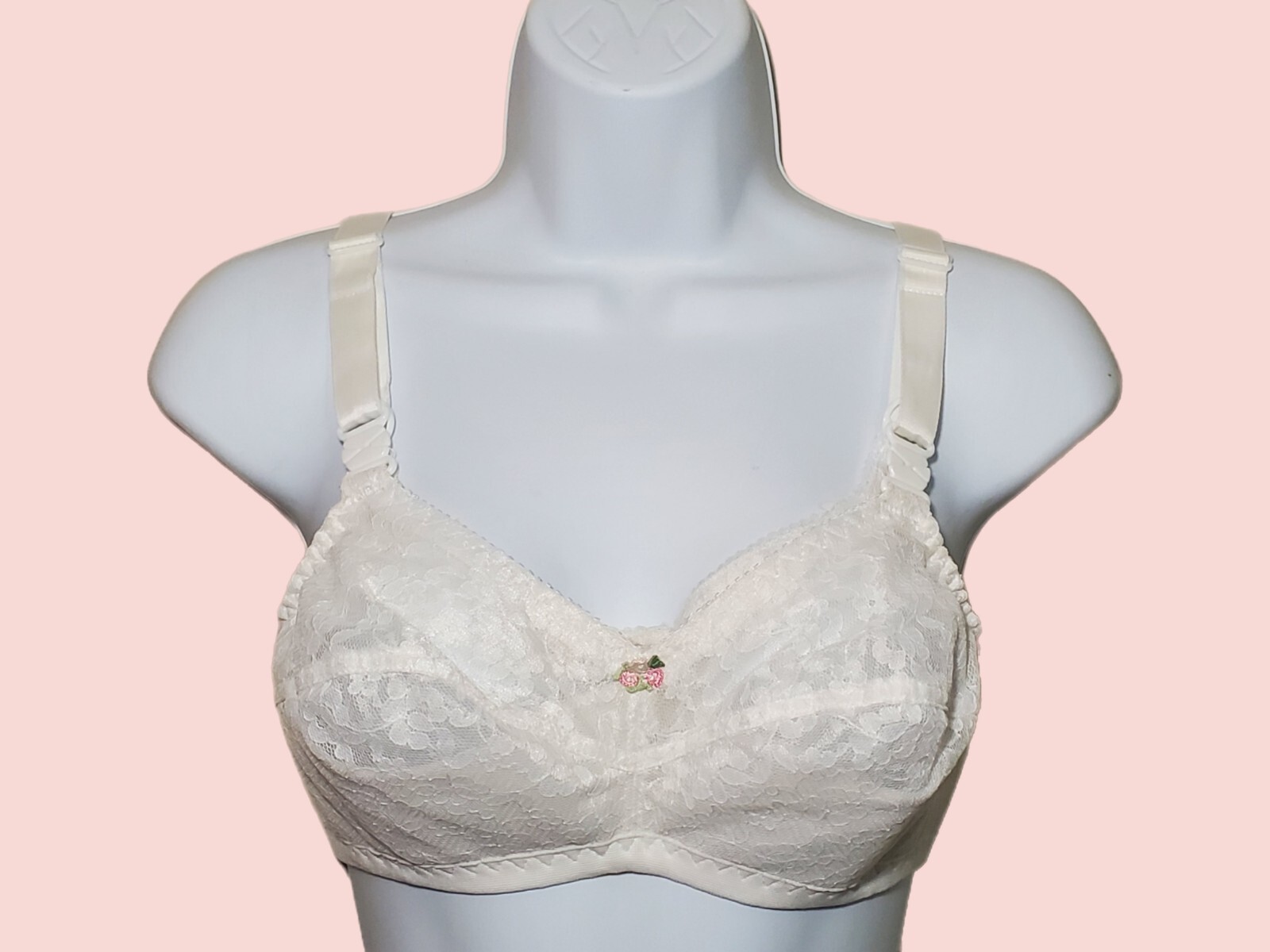 Vtg Jeunique 32D White Lace Cup Wireless Bra Full Sup… - Gem