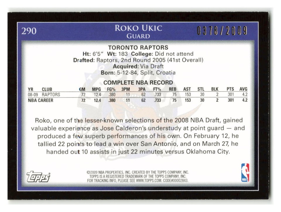 Roko Ukic 2009-10 Topps Gold SSP /2009 #290-RAPTORS | eBay