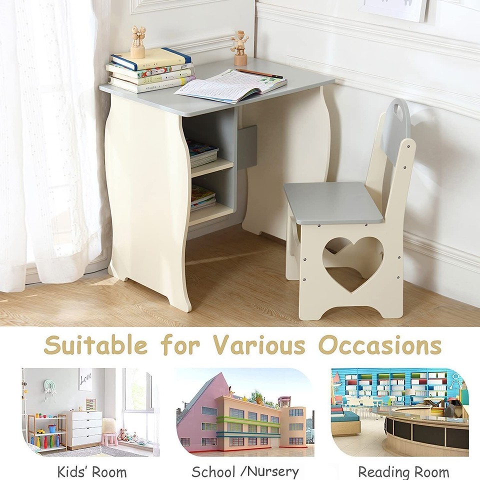 Brand Study Table and Chair Set Kids Wooden Desk with Stool & Storage ...