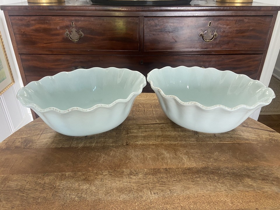 Pair Of Ballard Designs Provence Light Blue Scalloped Oval Serving Bowl ...