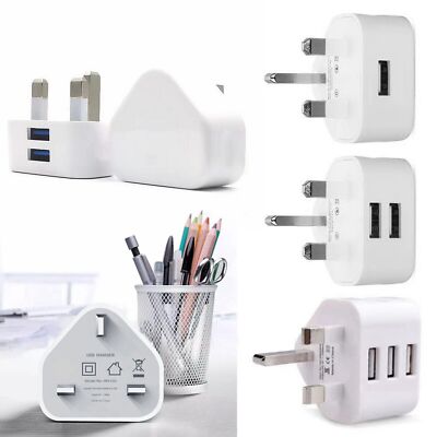UK 3 Pin Dual USB Plug Adapter Mains Wall Charger 1 2 3 Port For Phones ...