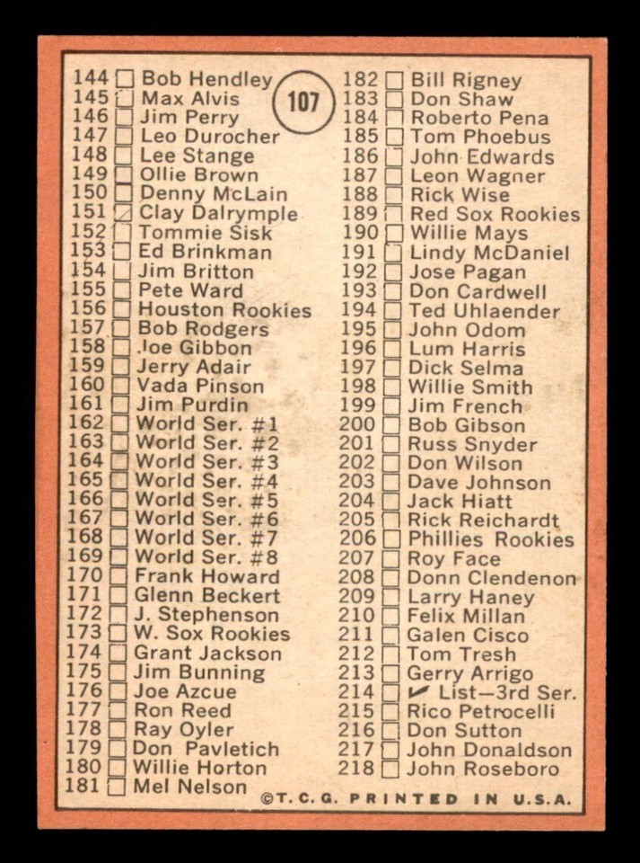 1969 Topps Baseball #107 2nd Series Checklist (110-218) EX/MT *e1 | eBay