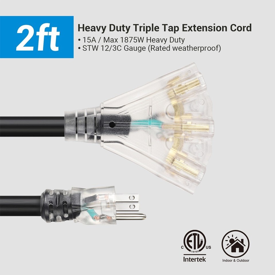 DEWENWILS 2 FT 12/3 Gauge Indoor/Outdoor Tri-Tap Extension Cord ...