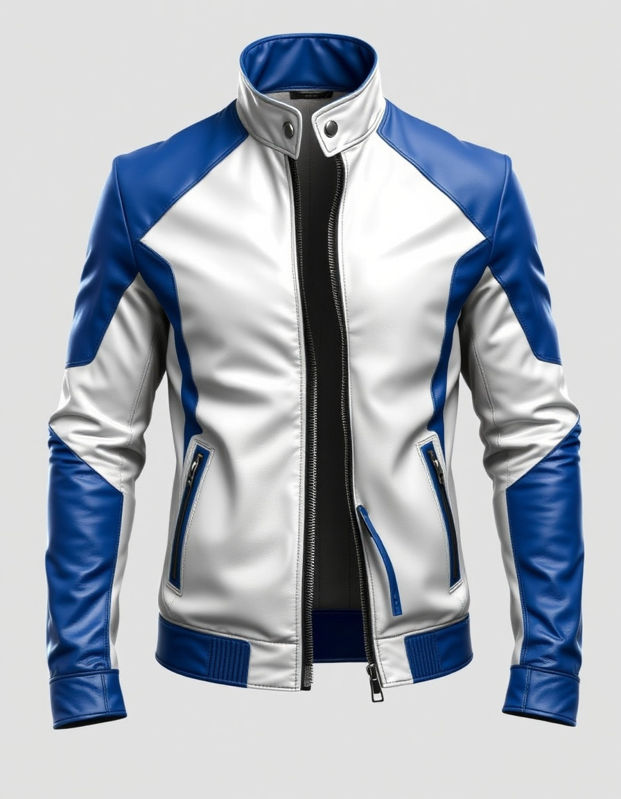 Sporty White and Blue Leather Jacket with Stand-Up Collar.