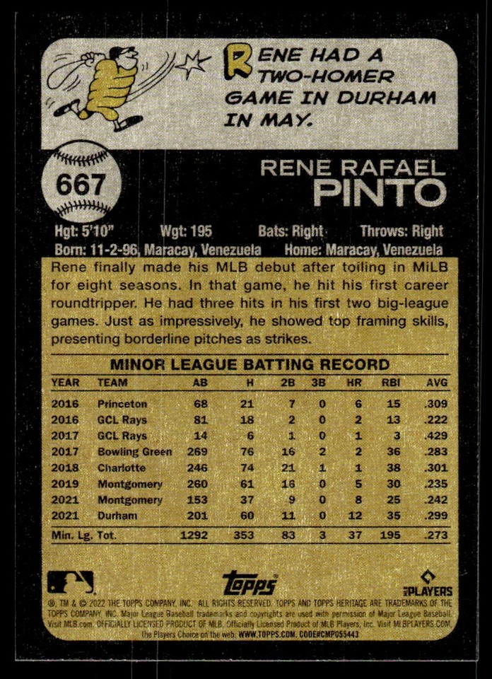 2022 Topps Heritage High Number Rene Pinto Rookie Tampa Bay Rays #667 ...
