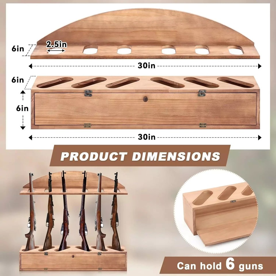 Wood Gun Rack Wall Mount Gun Display Rack Storage Compartment Holds 6 ...