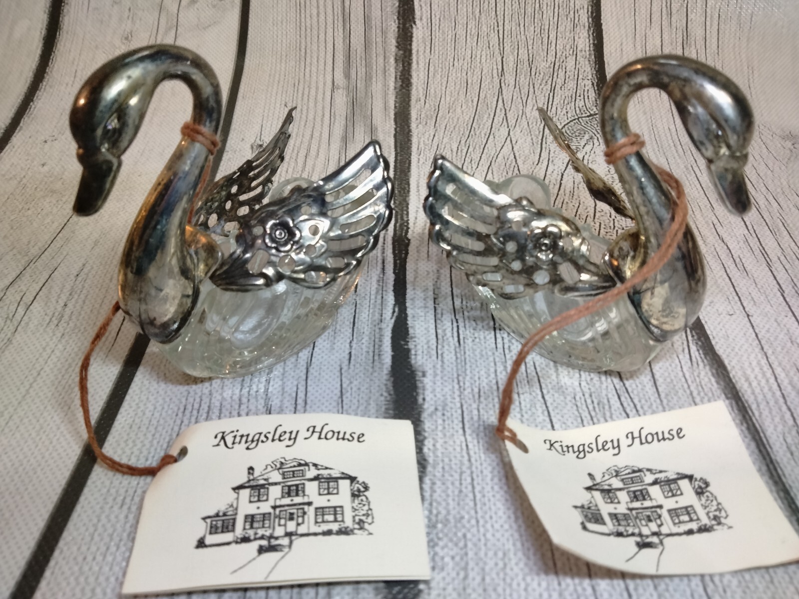 💥Two Antique Filligree Metal & Lead Crystal Swan Foldable Wings Trinket ...