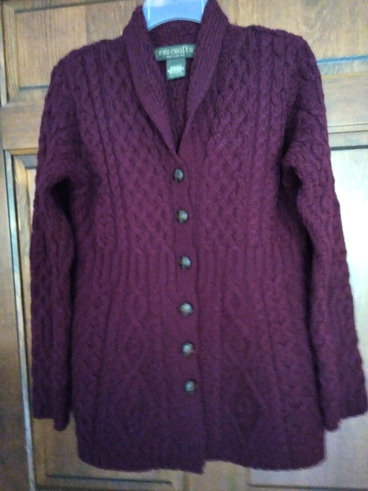 Inis Crafts Womens Merino Wool Sweater Cardigan Ireland Burgundy Cable ...