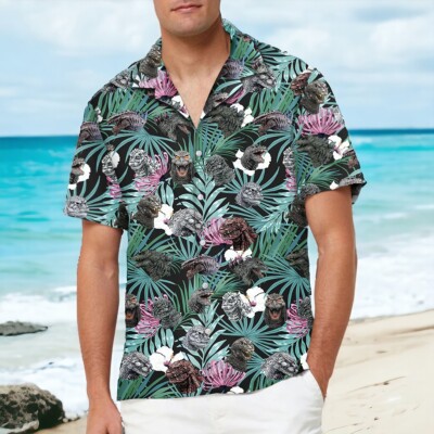 American Godzilla Lover Hawaiian Shirts For Men, Funny Hibiscus Hawaiian Shirt | eBay