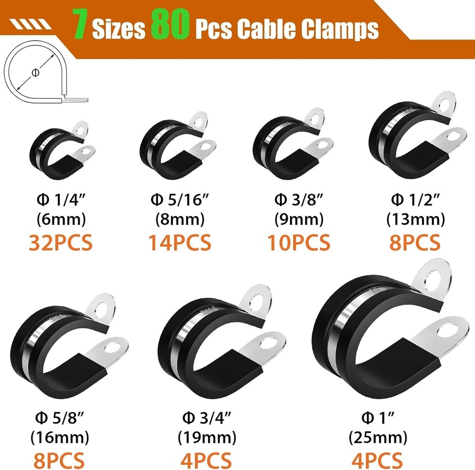 80 Pcs Cable Clamps Kit 7 Sizes 304 Stainless Steel Rubber Coated Hose ...