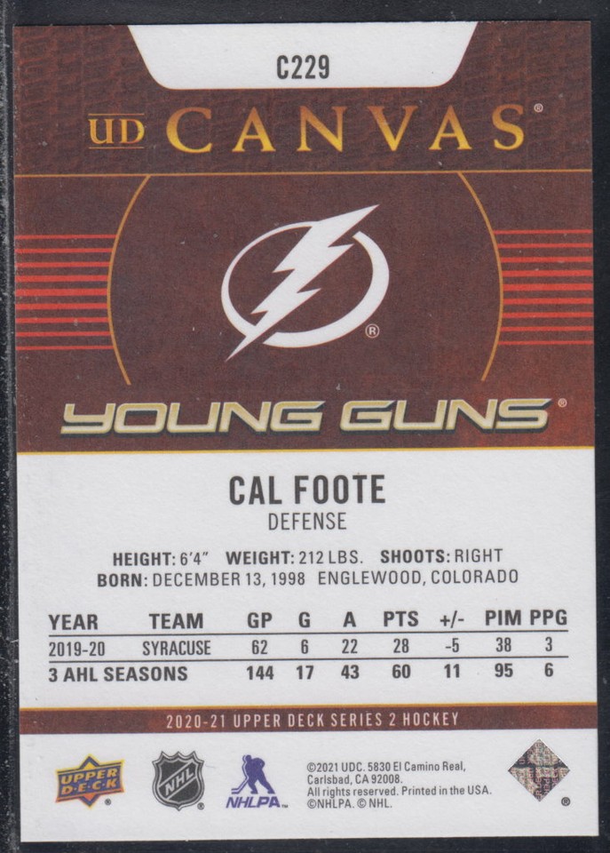 2020-21 Cal Foote Upper Deck Series 2 Canvas Young Guns Rookie Card # ...